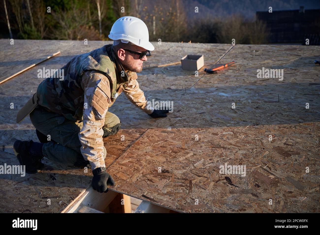 Carpenter mounting wooden OSB board on rooftop of future cottage. Man ...