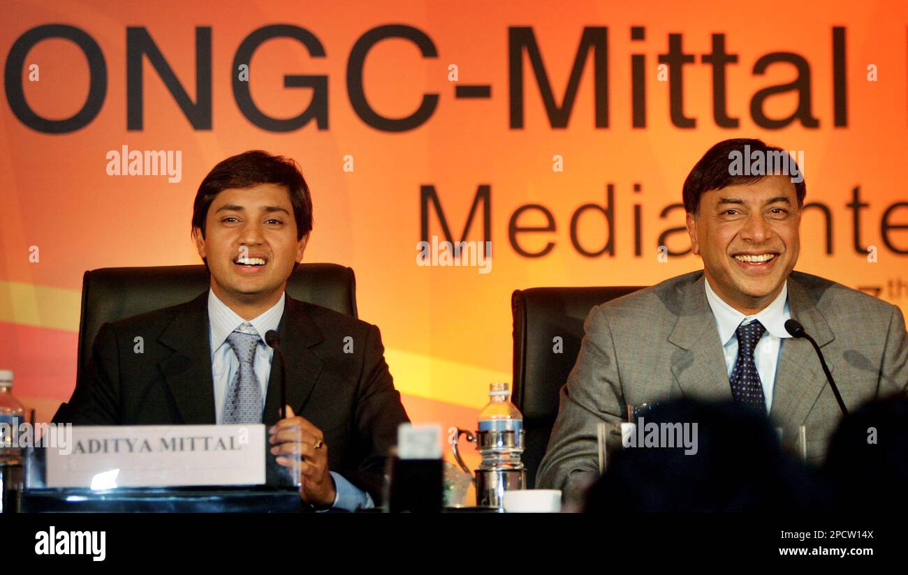 Steel magnate Lakshmi N. Mittal, right, with his son Aditya Mittal ...
