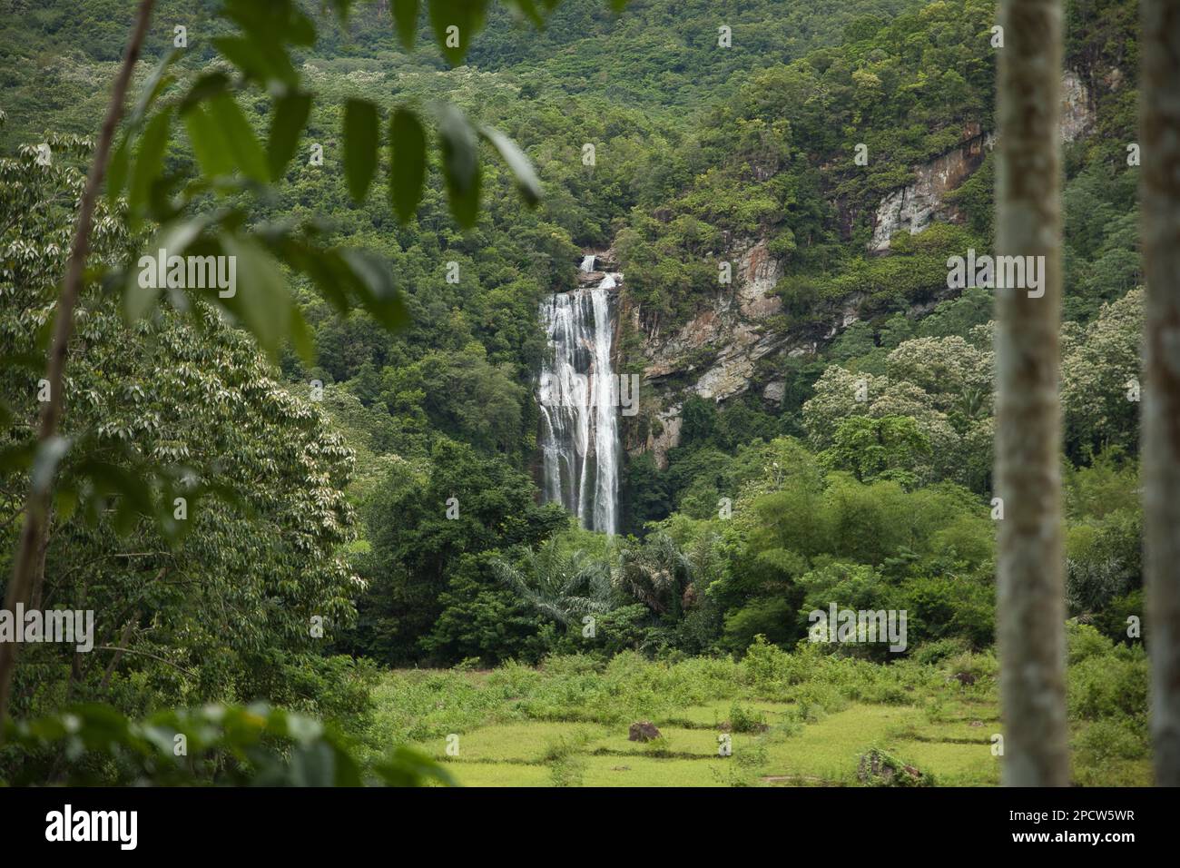 The spectacular Cunca Rami waterfall on Flores from afar, surrounded by ...