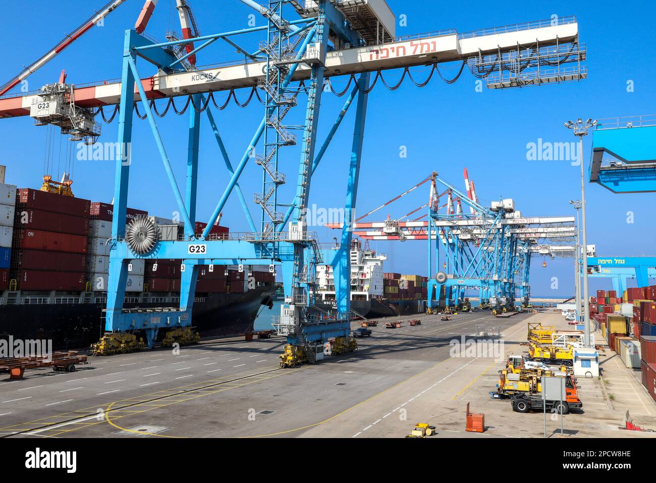 Shipping port of Haifa, Israel - October 11, 2021: Loading container to ...