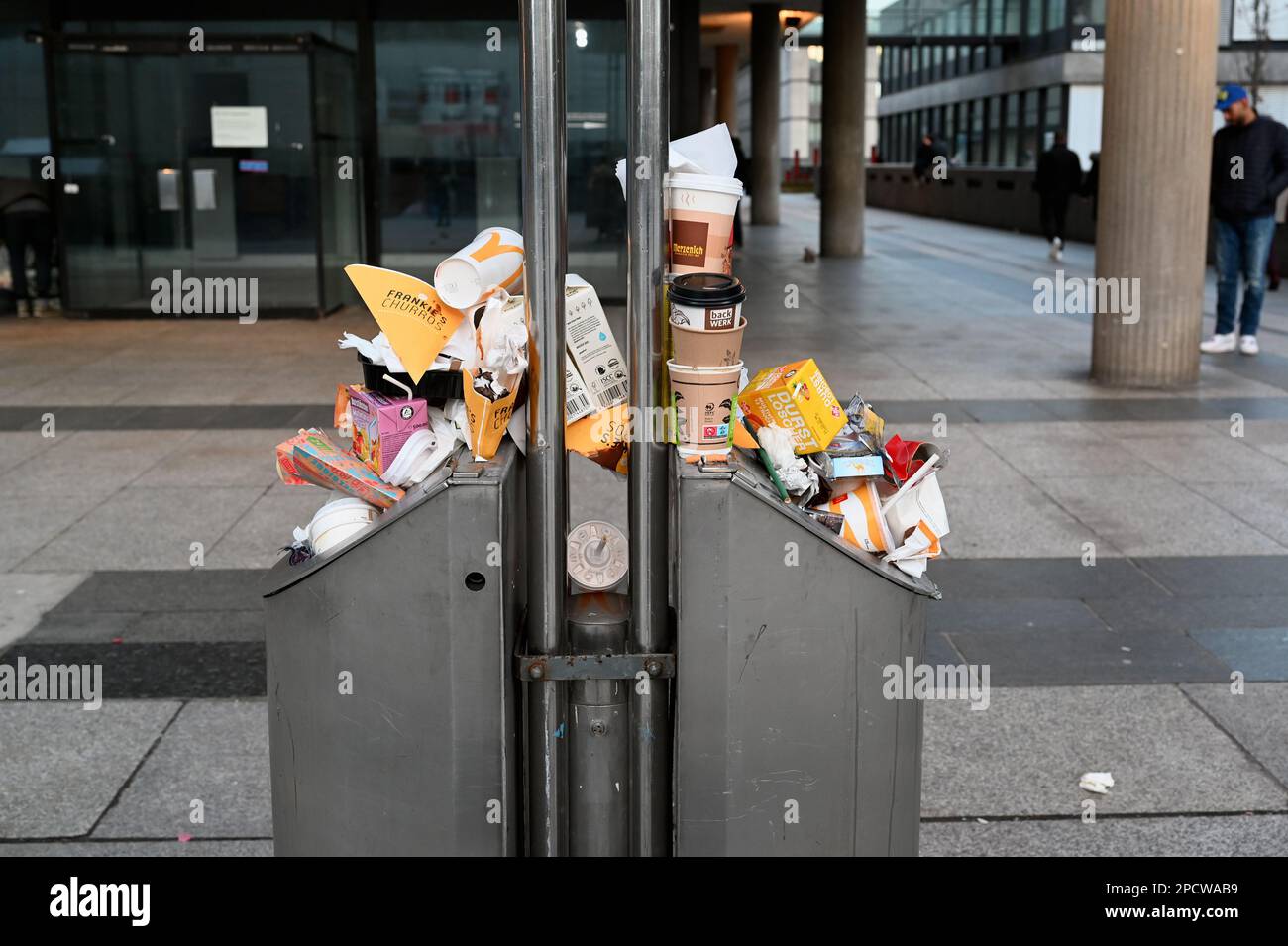 Cologne, Germany. 11th Mar, 2023. A full public trash can, trash cans ...