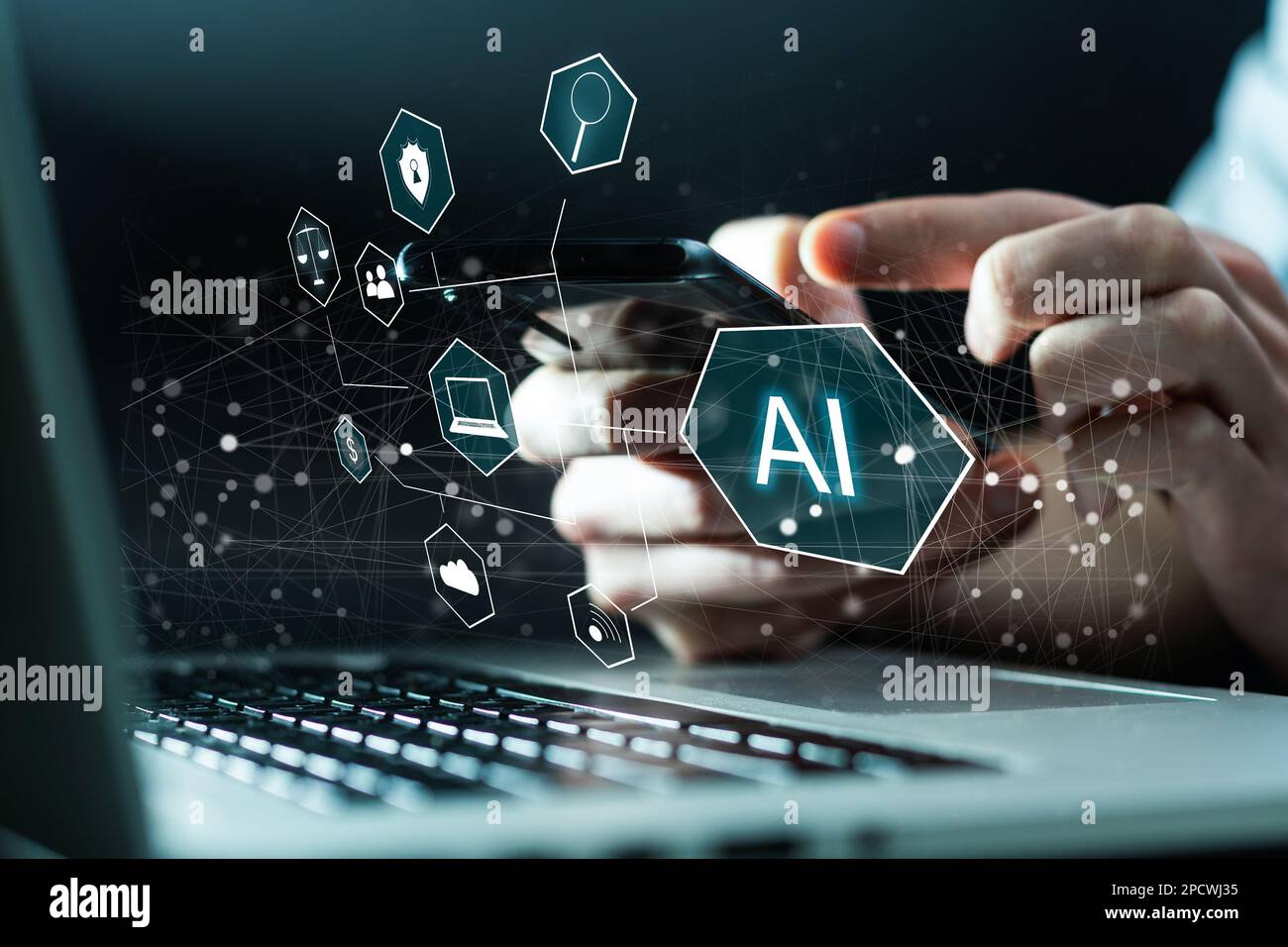 Hand touching digital chatbot for provide access to information and ...