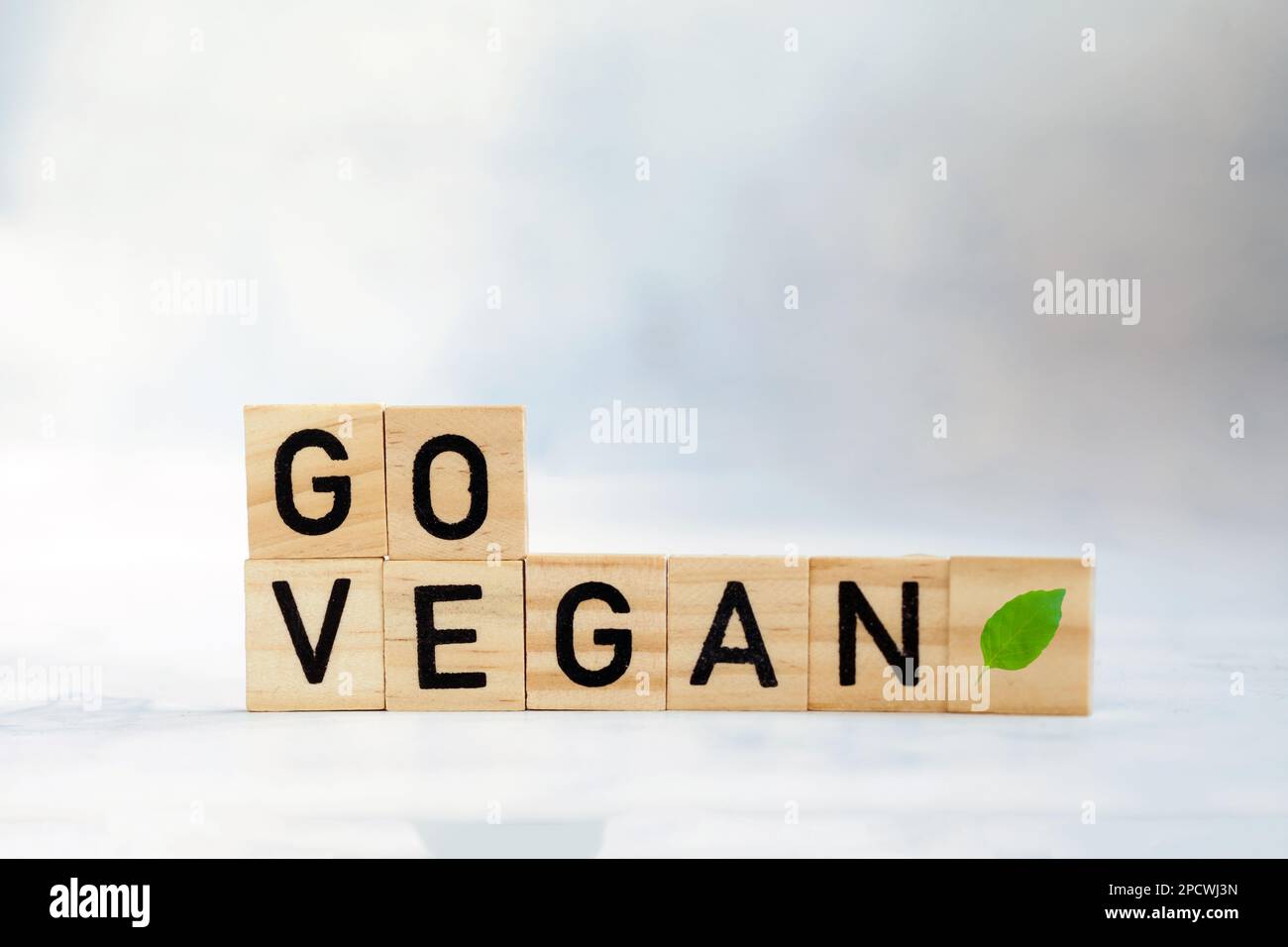 Go vegan text with fresh with green leaf on wooden cubes. Veganism ...