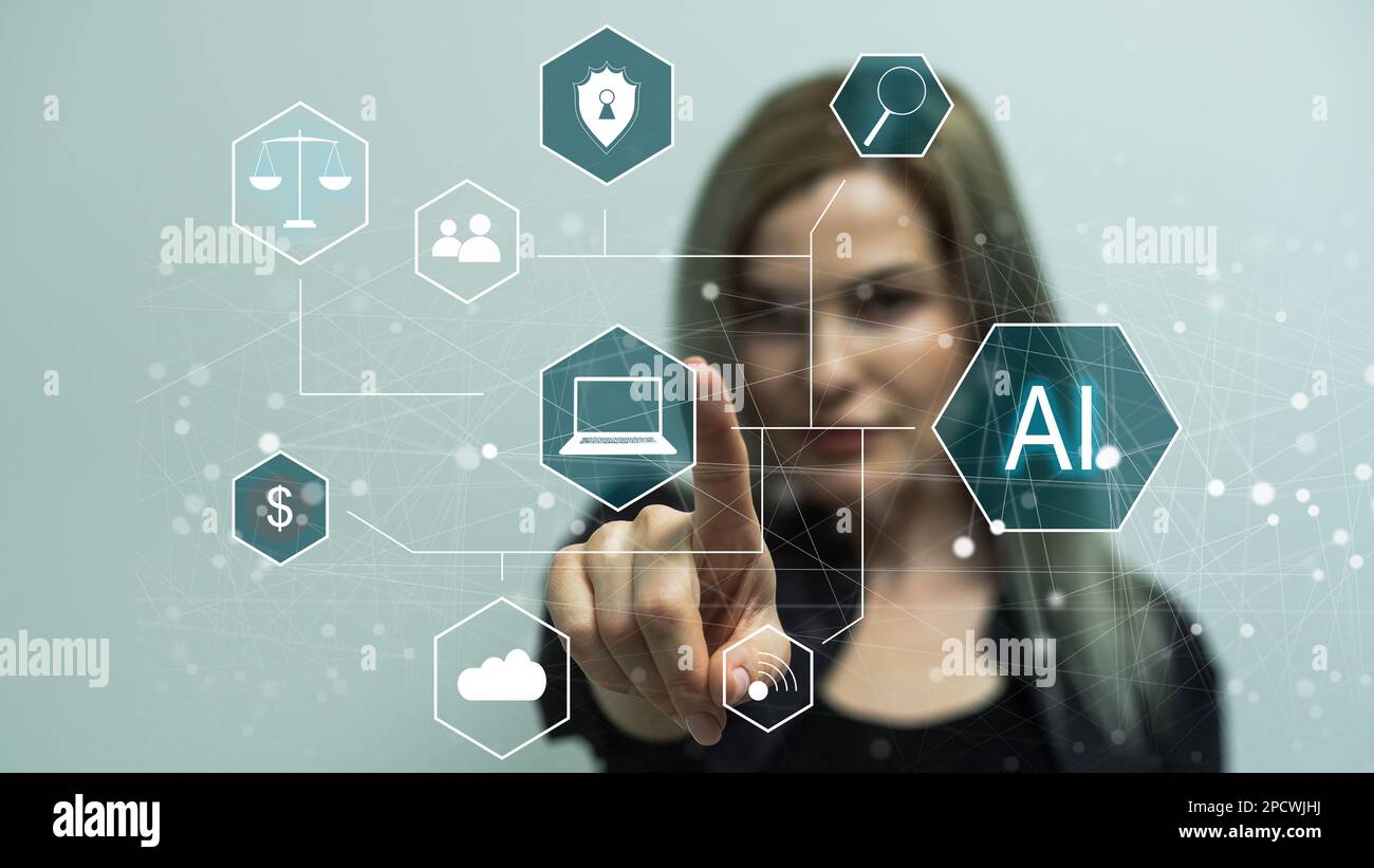 Hand touching digital chatbot for provide access to information and data in online network ...