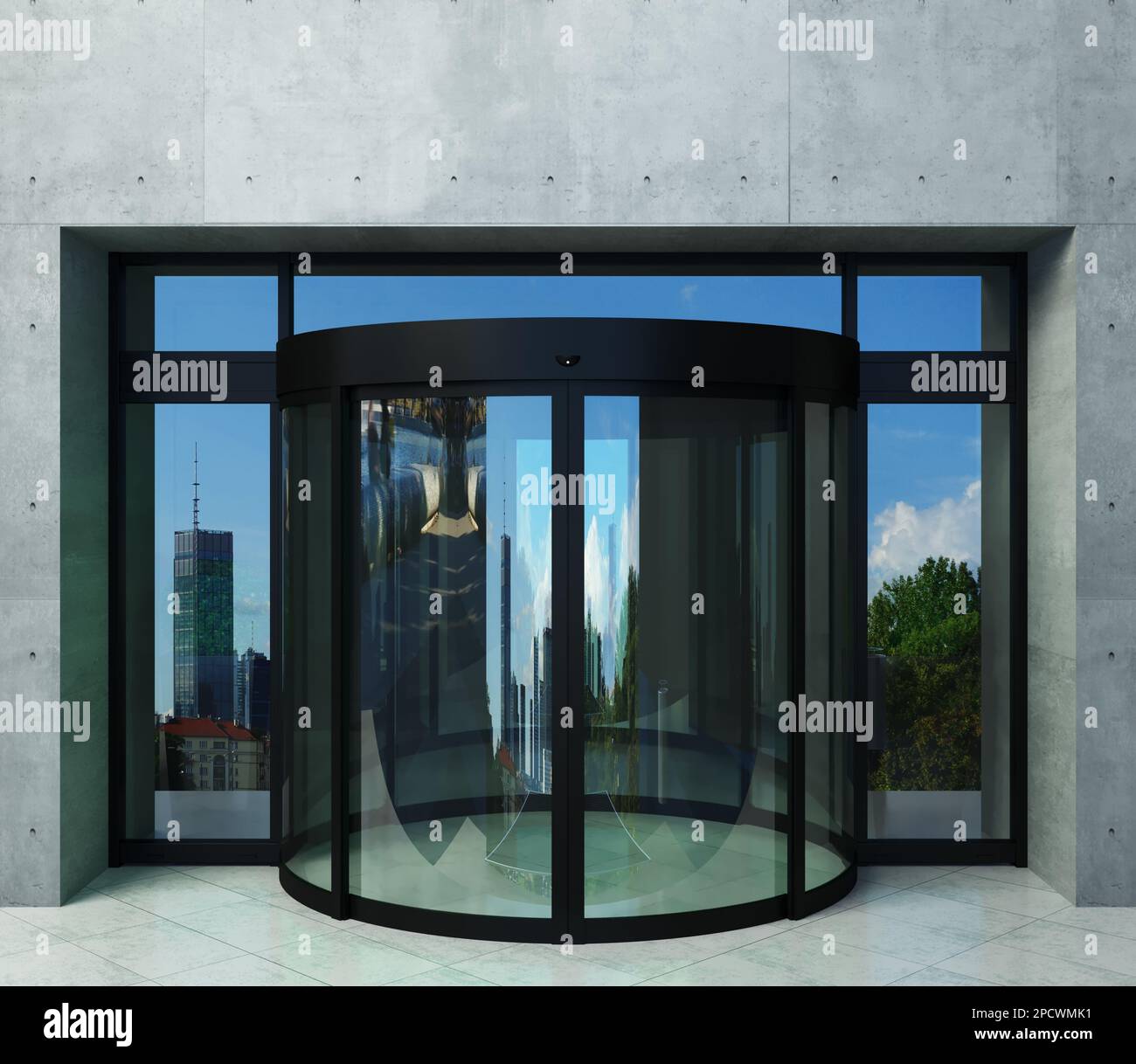 Automatic half round glass modern door facade mockup Stock Photo - Alamy