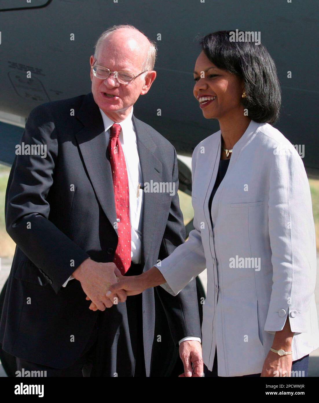U.S. Secretary of State Condoleezza Rice, right, shakes hands with US ...