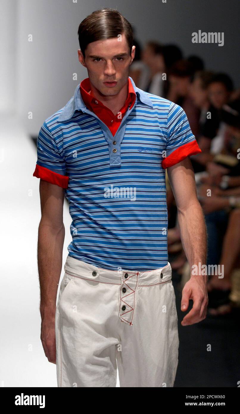 A model wears a creation part of Enrico Coveri Spring-Summer 2007 men's ...