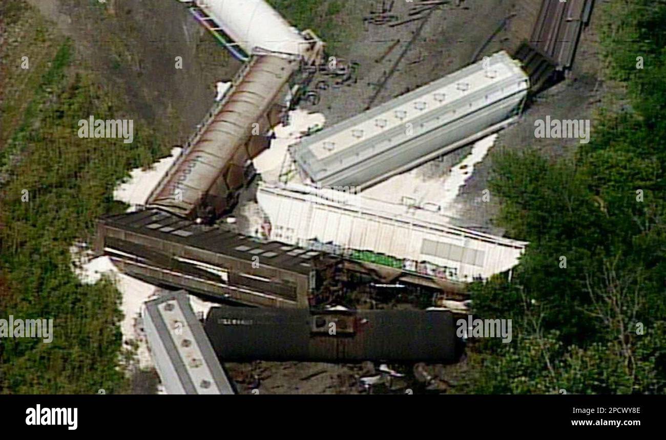 This aerial video released by KDSK-TV shows the aftermath of a freight ...
