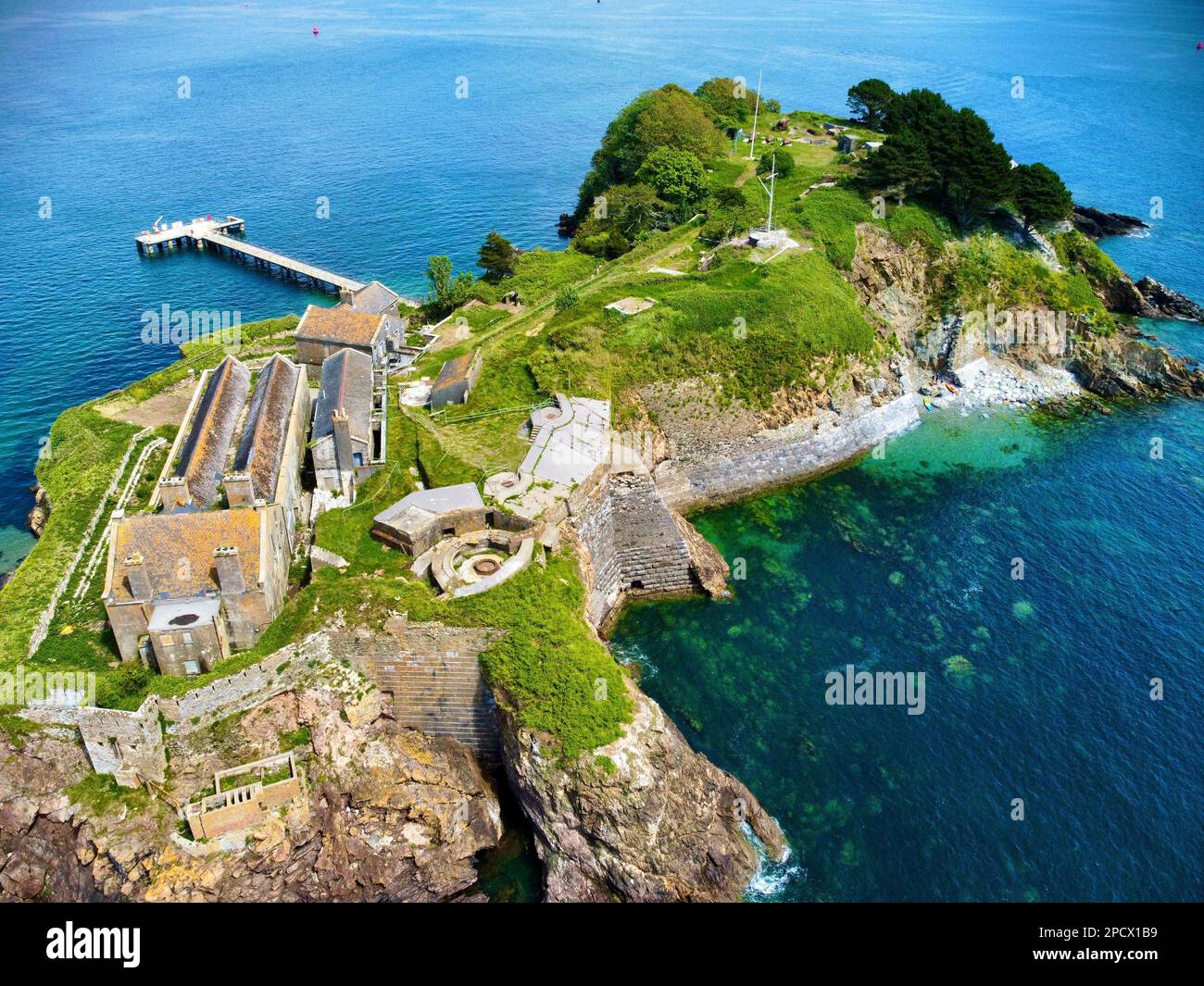 An Aerial view of Drake's Island in Plymouth UK, coastline and sea ...