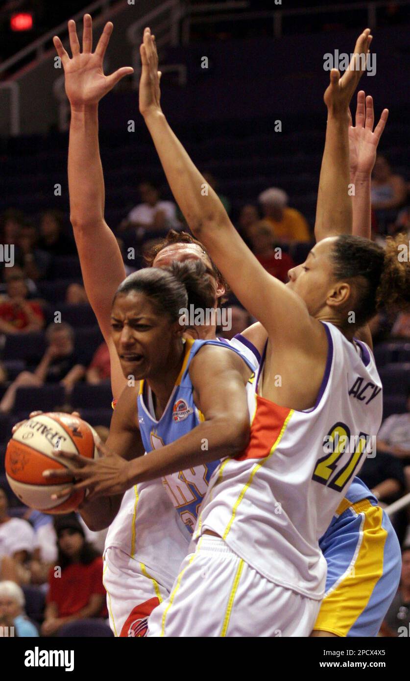 Chicago Sky forward Stacey Lovelace, center, is called for traveling ...