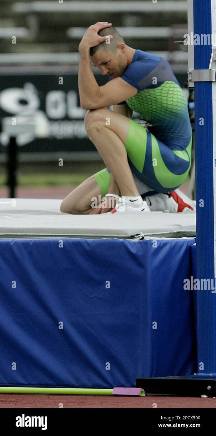 Adam Shunk reacts after a miss during the men's high jump in the U.S ...