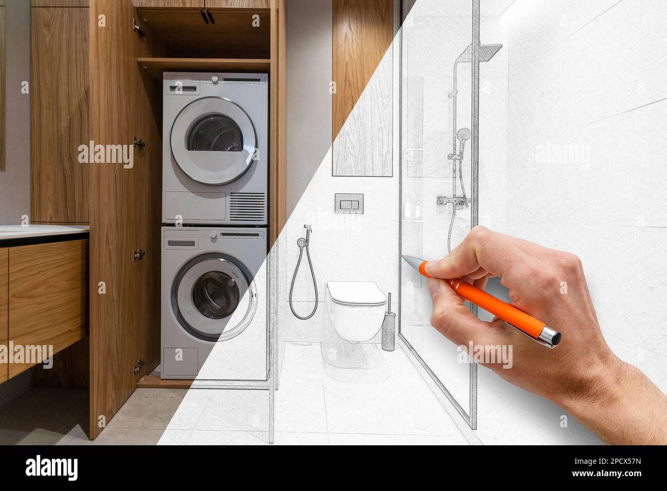 Human hand with pencil making design project of modern bathroom with ...