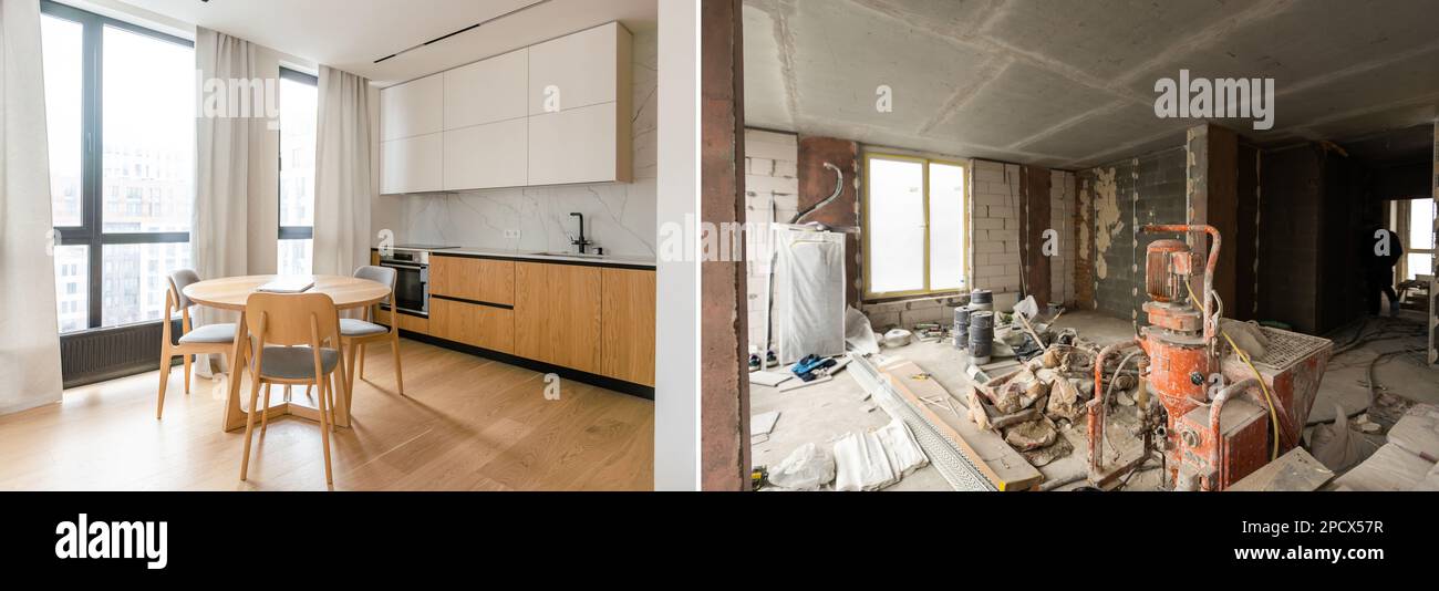 Comparison snapshot of a big beautiful room in a private house before ...