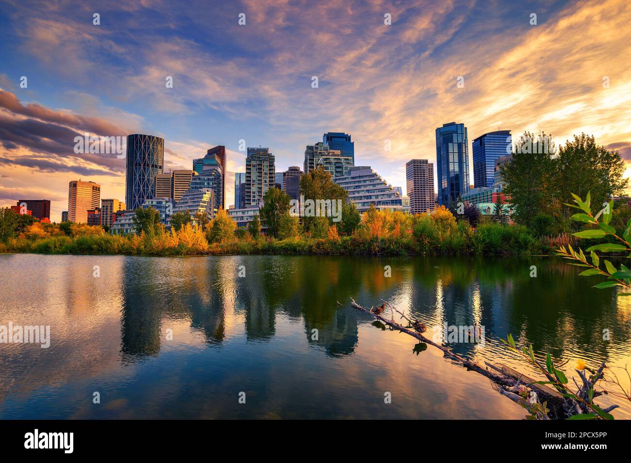 Sunset above city skyline of Calgary with Bow River, Canada Stock Photo ...