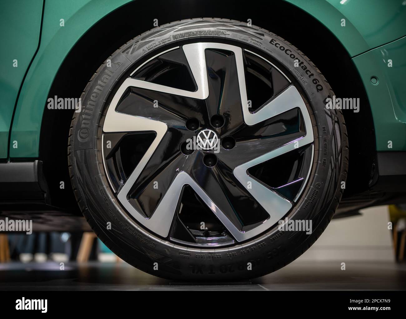 Berlin, Germany. 14th Mar, 2023. The VW logo on an I.D. Buzz is seen ...