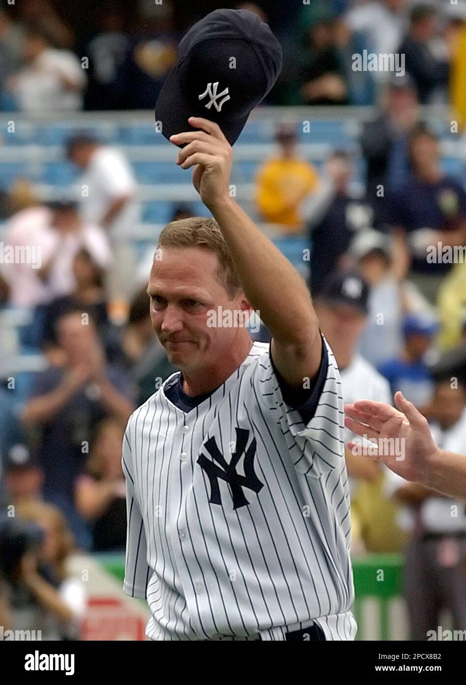 New York Yankees' David Cone tips his cap at Old-Timer's Day during MLB ...