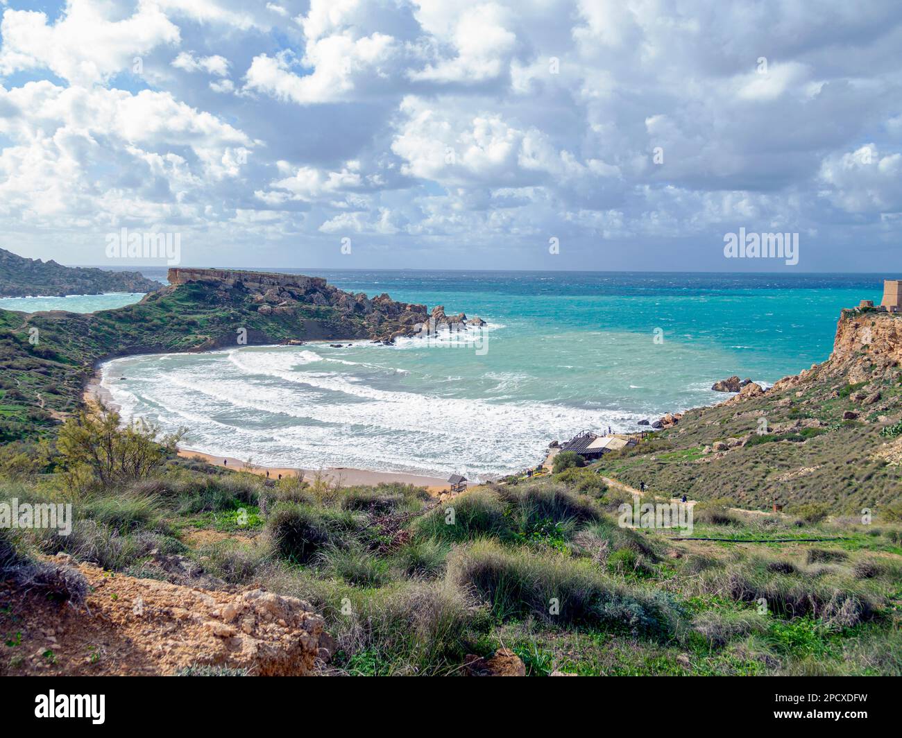 Golden Bay beach, Maltese islands. landscape. windy cloudy weather ...