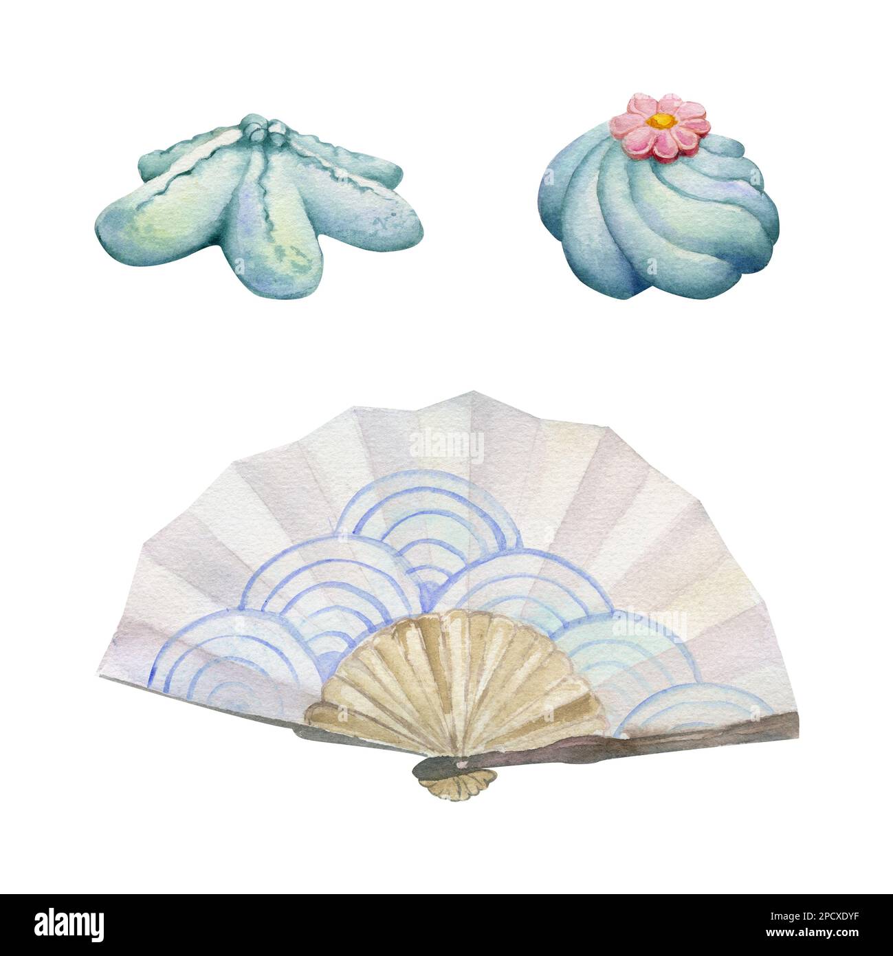 Watercolor hand drawn set of traditional Japanese sweets. Summer ...