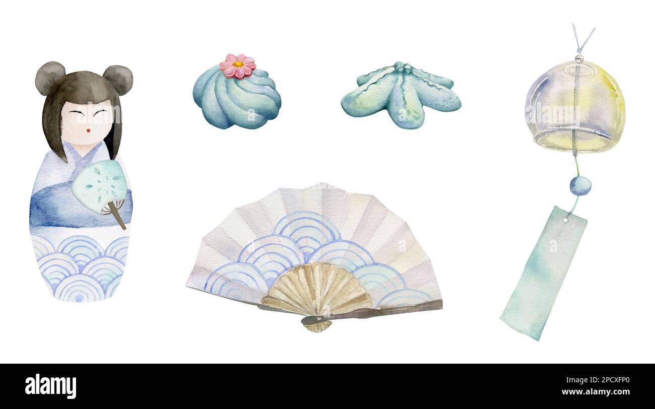 Watercolor hand drawn set of traditional Japanese sweets. Summer ...