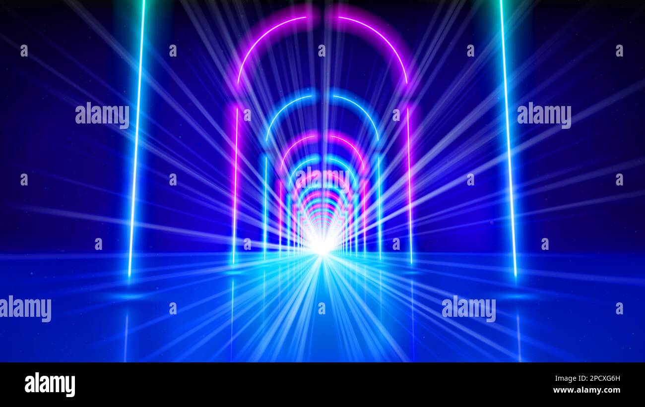 Glowing neon lines, arcade, tunnel, abstract technological background ...