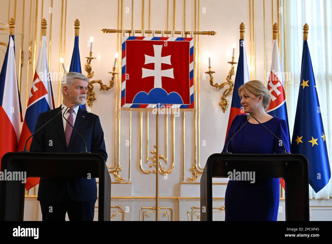 Czech President Petr Pavel (left) visits Slovak President Zuzana ...
