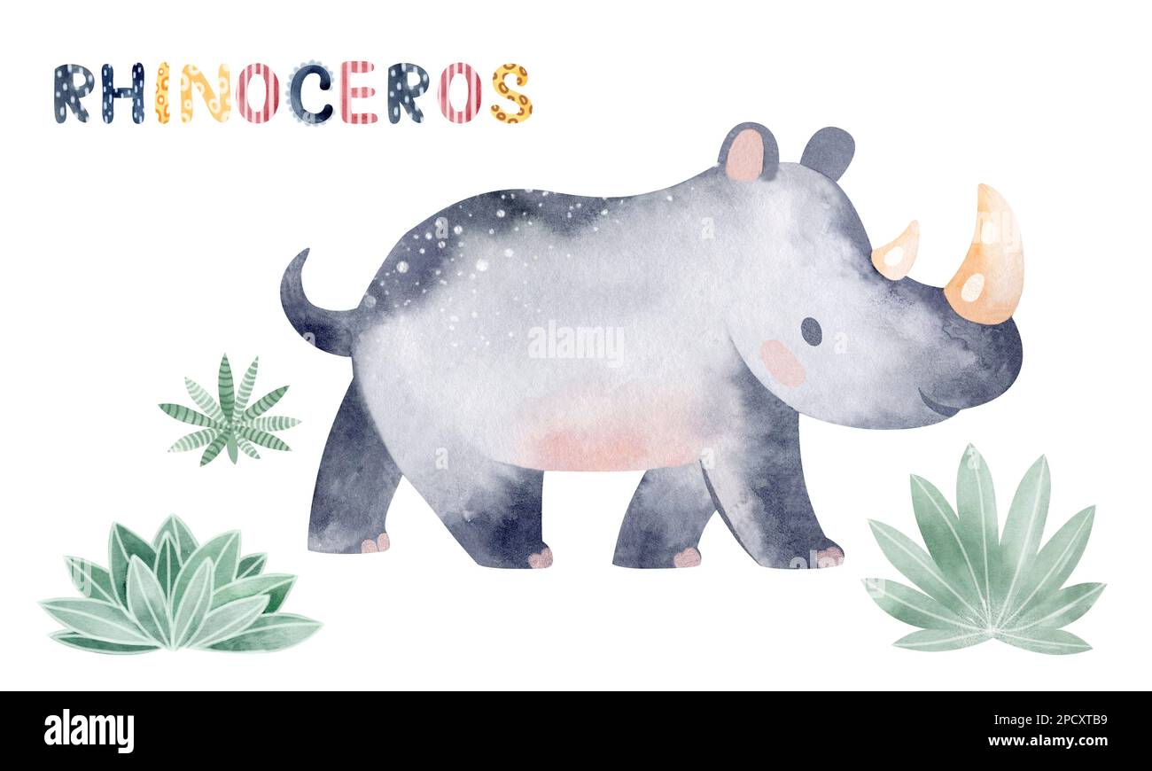 Watercolor illustration of a rhinoceros. Children's illustration of an ...