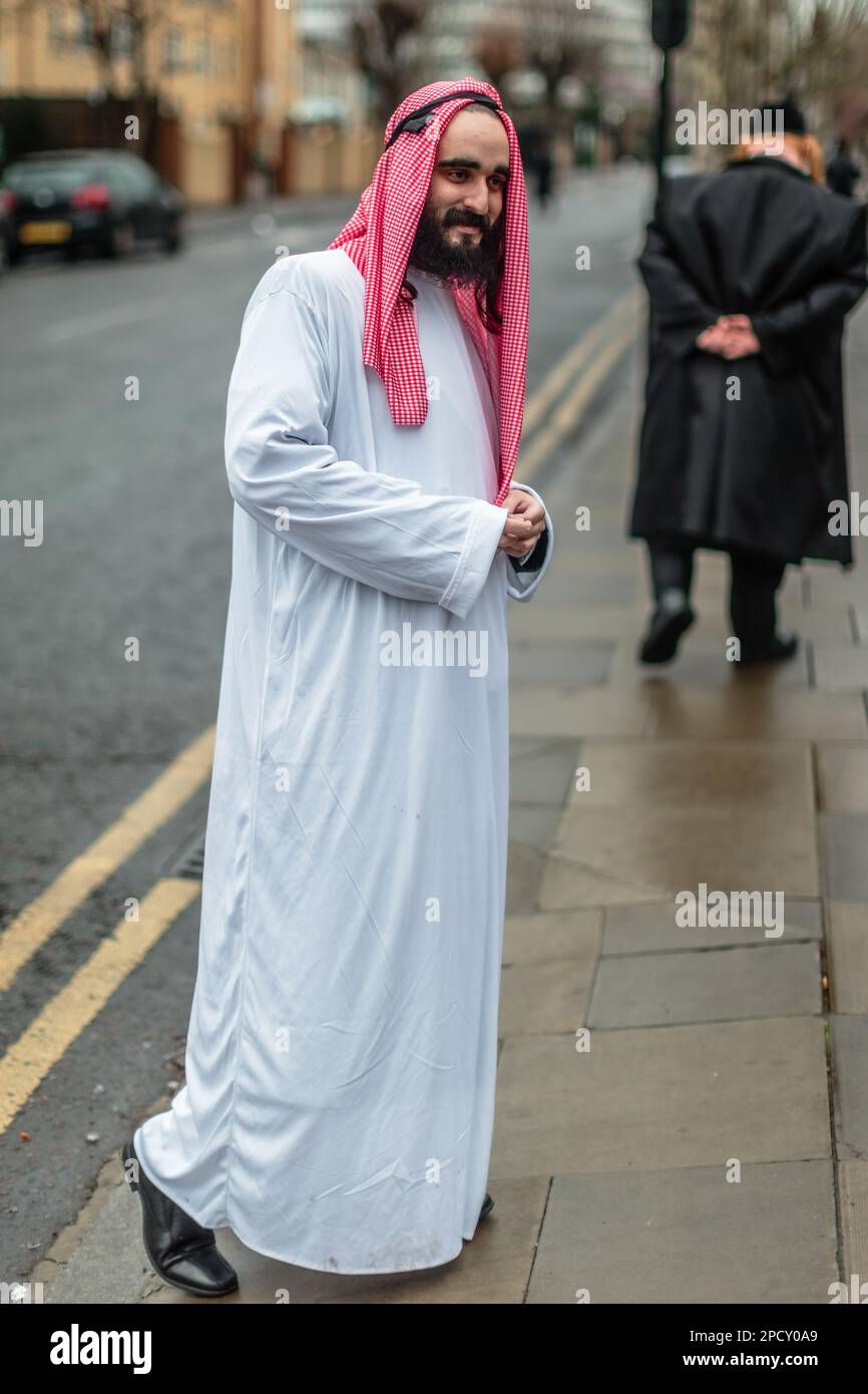 A man dressed as an arab at Purim, the Jewish Mardi Gras in London ...