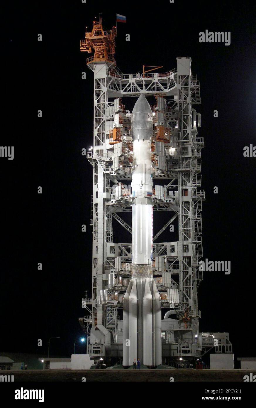 A Russian-built Proton booster with KazSat 1 satellite aboard is seen ...