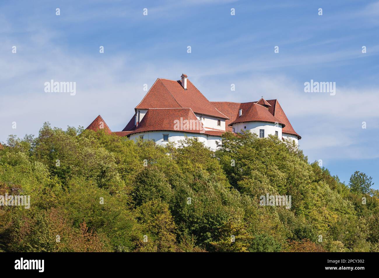 Veliki Tabor Castle high on its hill, a fortified castle dominating the ...