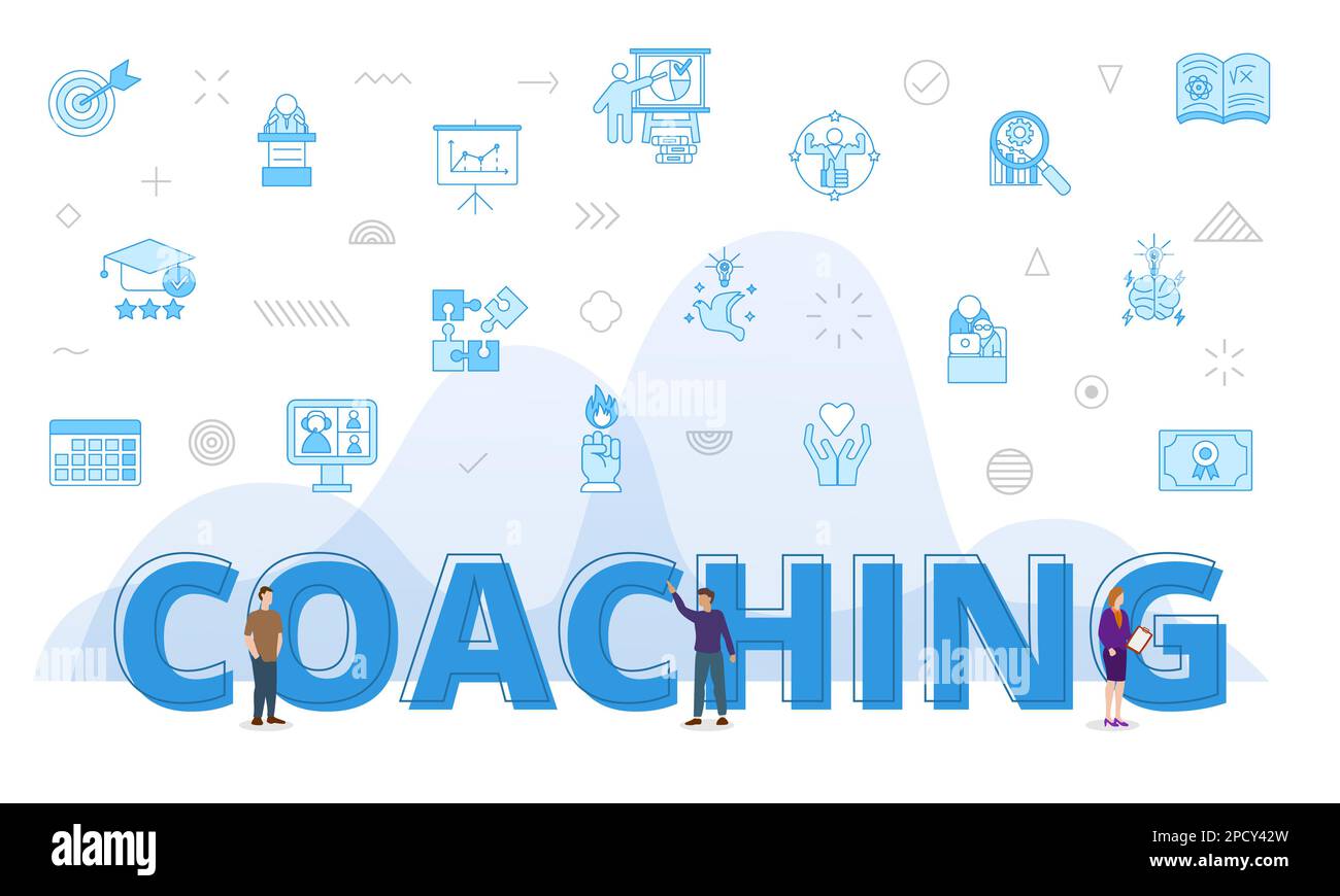 business coaching concept with big words and people surrounded by ...