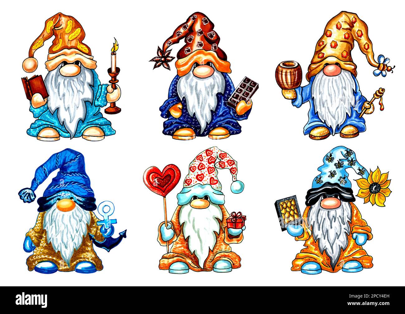Set of 6 cute gnomes with accessories in blue clothes. JPEG ...