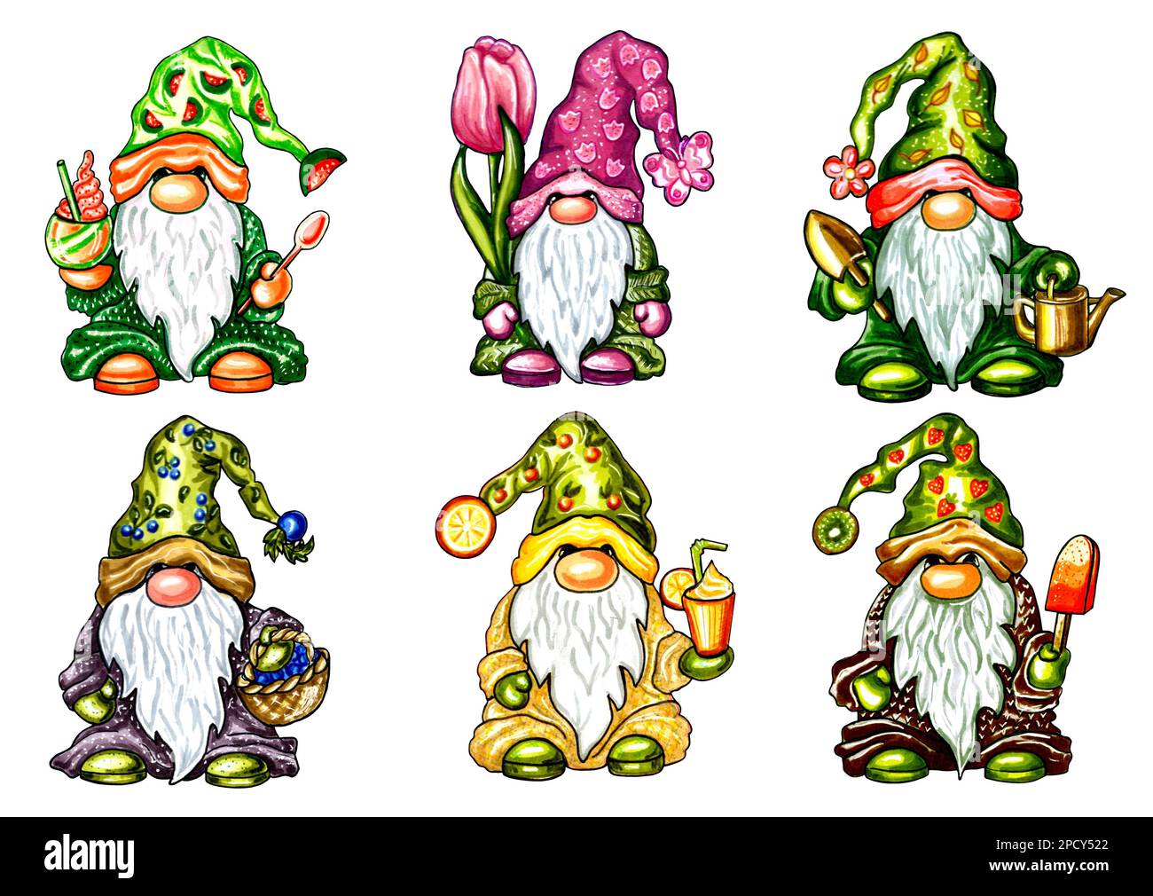Set of 6 cute gnomes with accessories in green clothes. JPEG ...