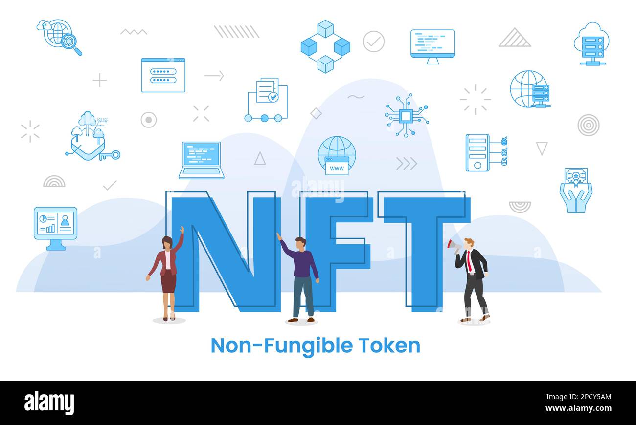 nft non fungible token concept with big words and people surrounded by ...