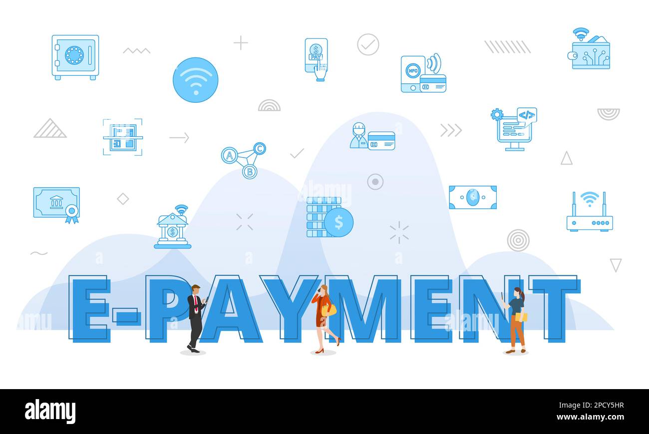 e-payment electronic concept with big words and people surrounded by ...