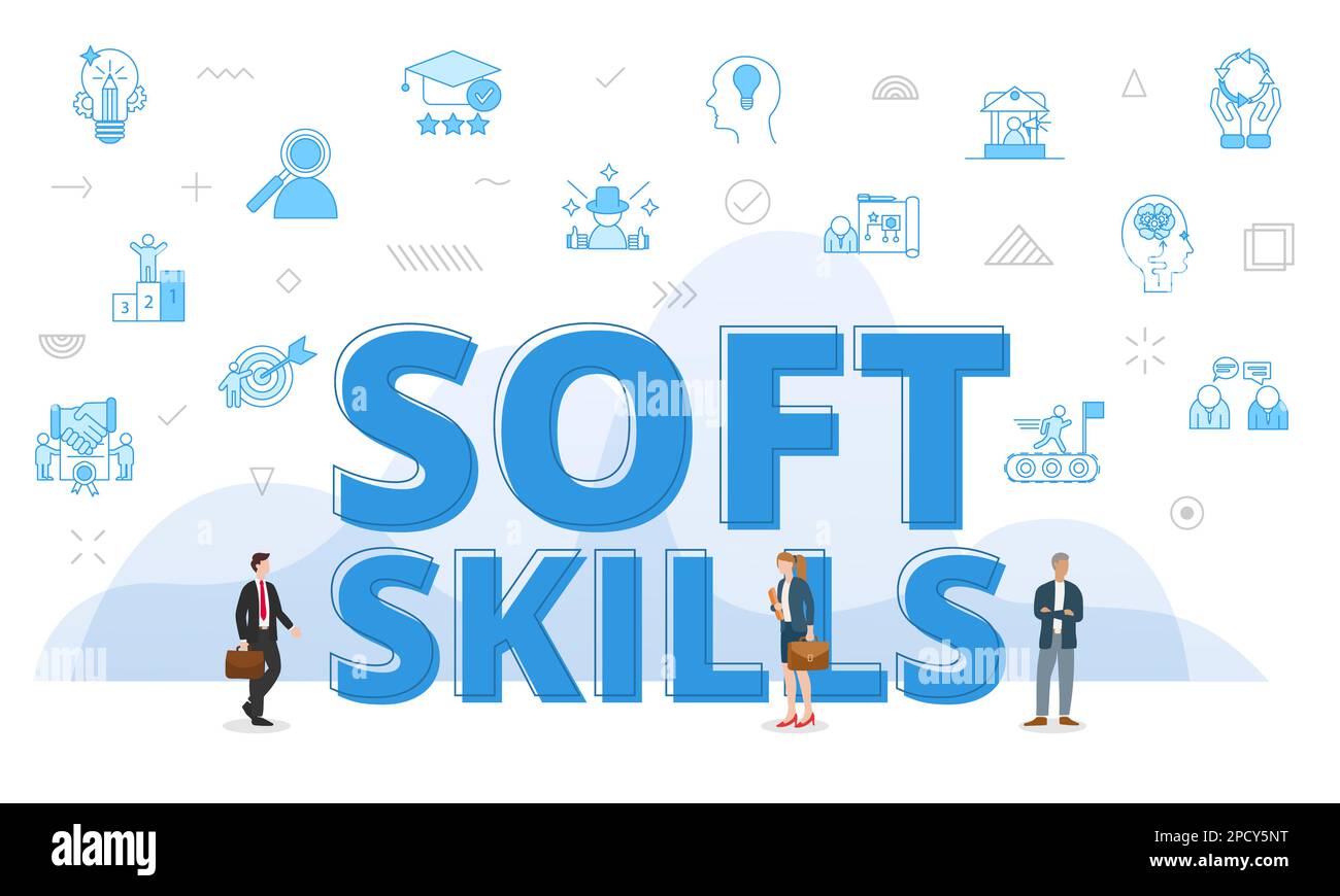 soft skills concept with big words and people surrounded by related ...
