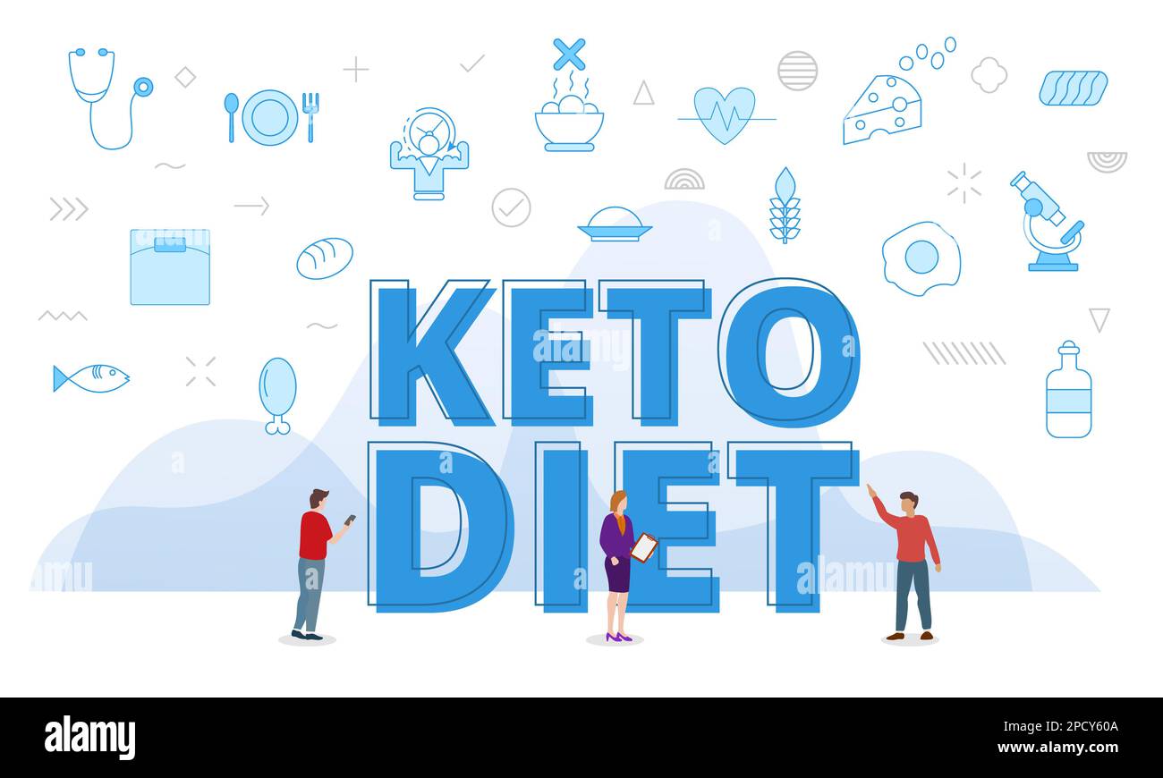 keto diet concept with big words and people surrounded by related icon ...
