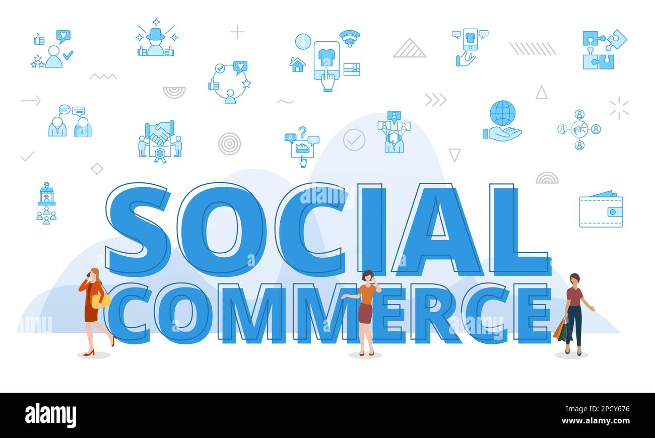 social commerce concept with big words and people surrounded by related ...