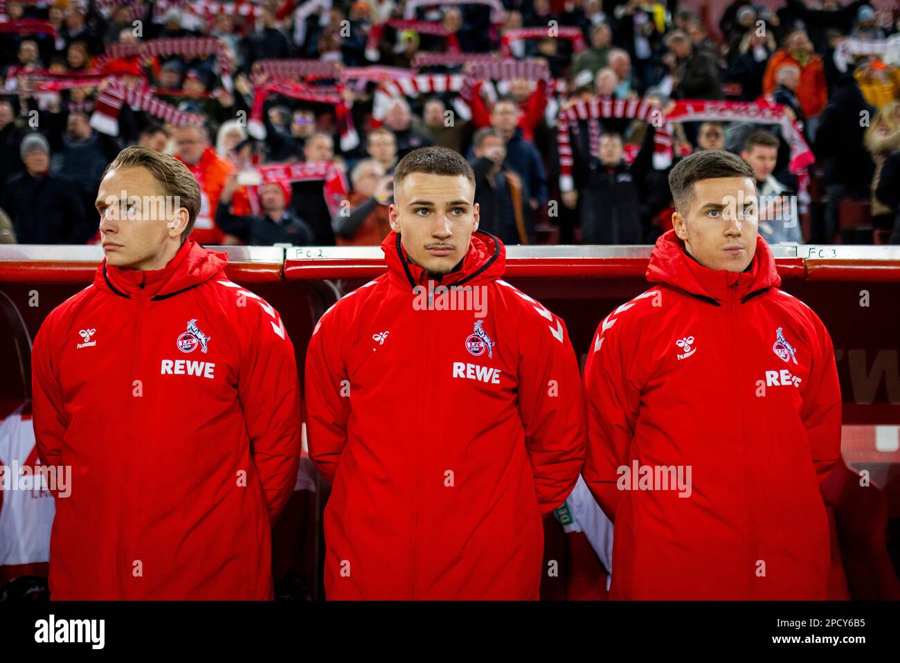 Cologne, Germany. 10th Mar, 2023. Mathias Olesen (Köln), Tim Lemperle (Köln), Denis Huseinbasic ...