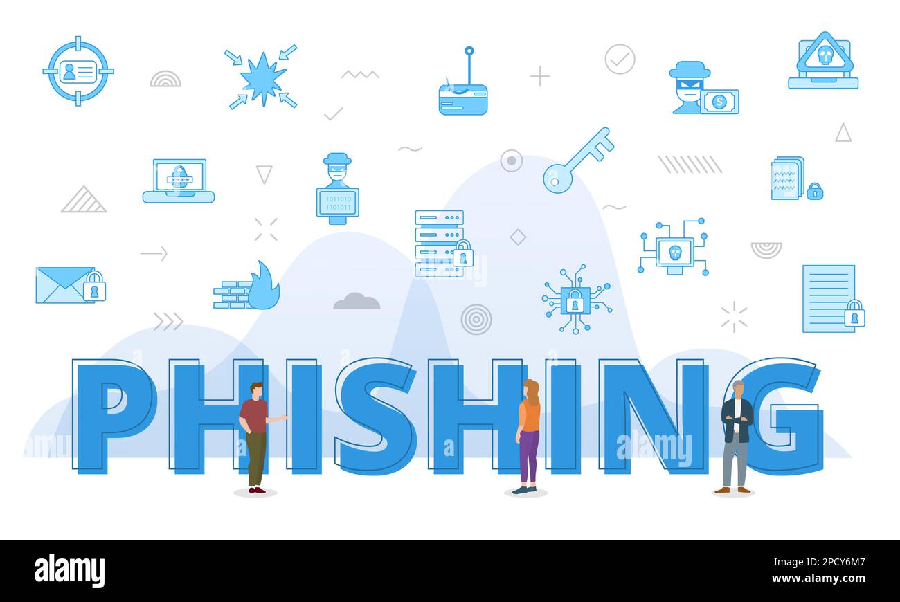 phishing concept with big words and people surrounded by related icon ...