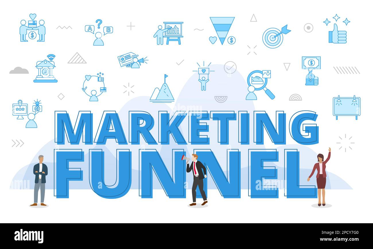 marketing funnel concept with big words and people surrounded by ...