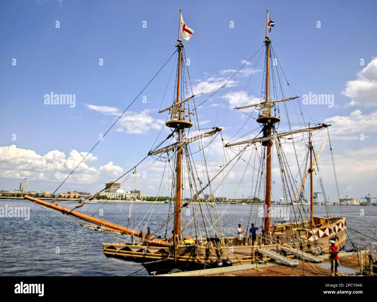 A replica of the 17th century ship Godspeed sits docked Thursday, June ...