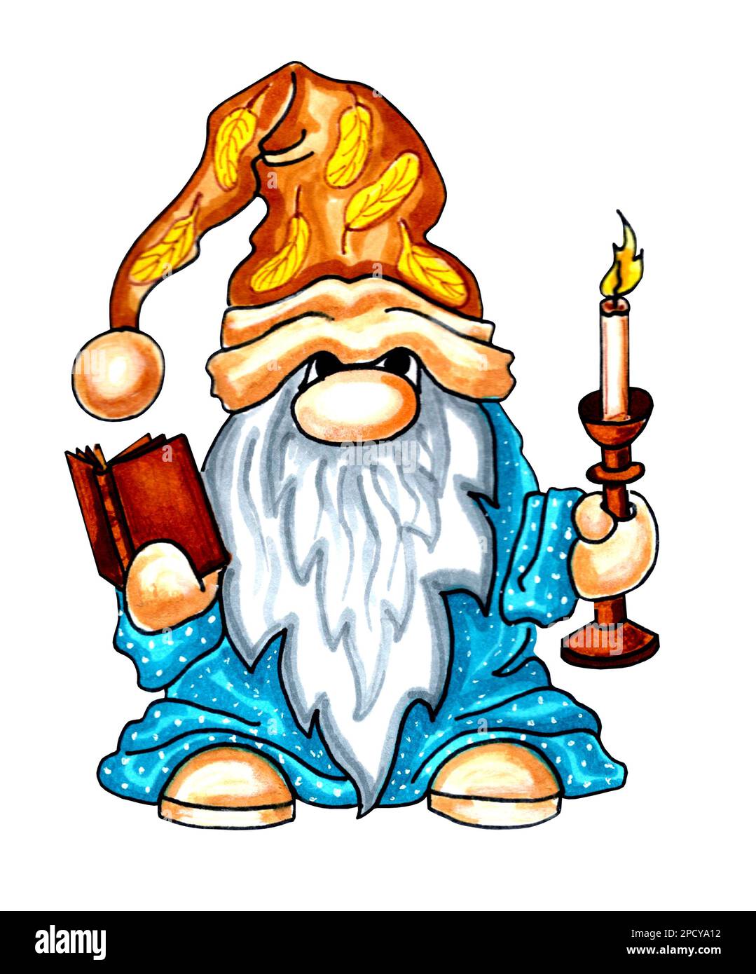 Gnome autumn in a brown hat with leaves, holding a book and a ...