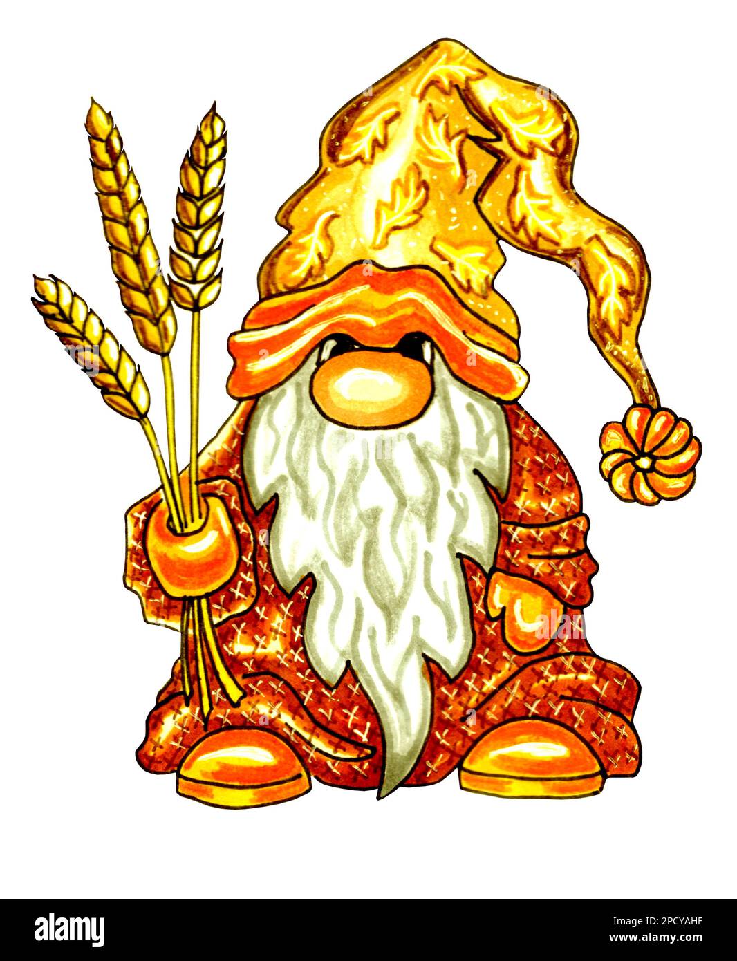 Gnome autumn in a yellow cap with leaves and a pumpkin, holding ...