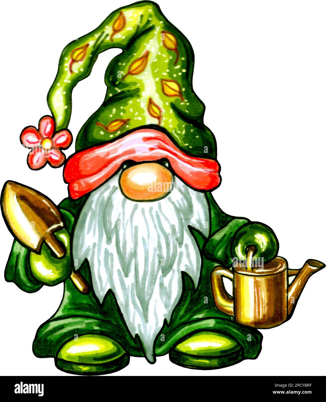 Gnome gardener in a green cap with a pink flower, a watering can and a ...