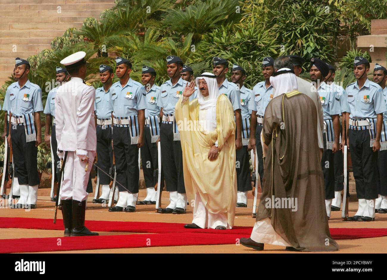 Kuwait's ruler Sheik Sabah Al Ahmed Al Sabah, center, salutes an Indian ...