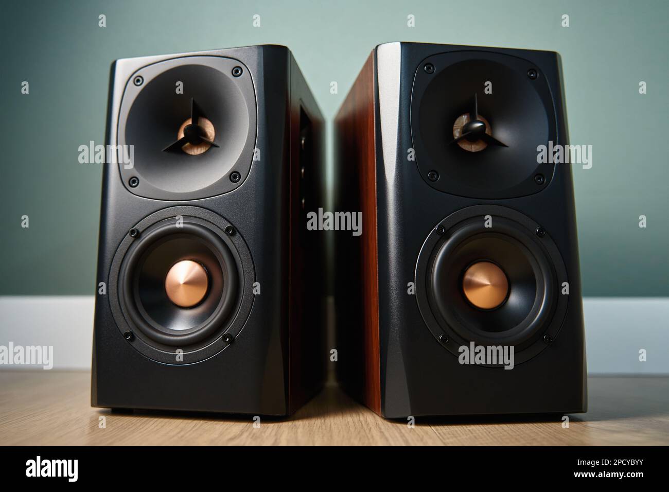 Two sound speakers on the floor. Set for listening music. Audio ...