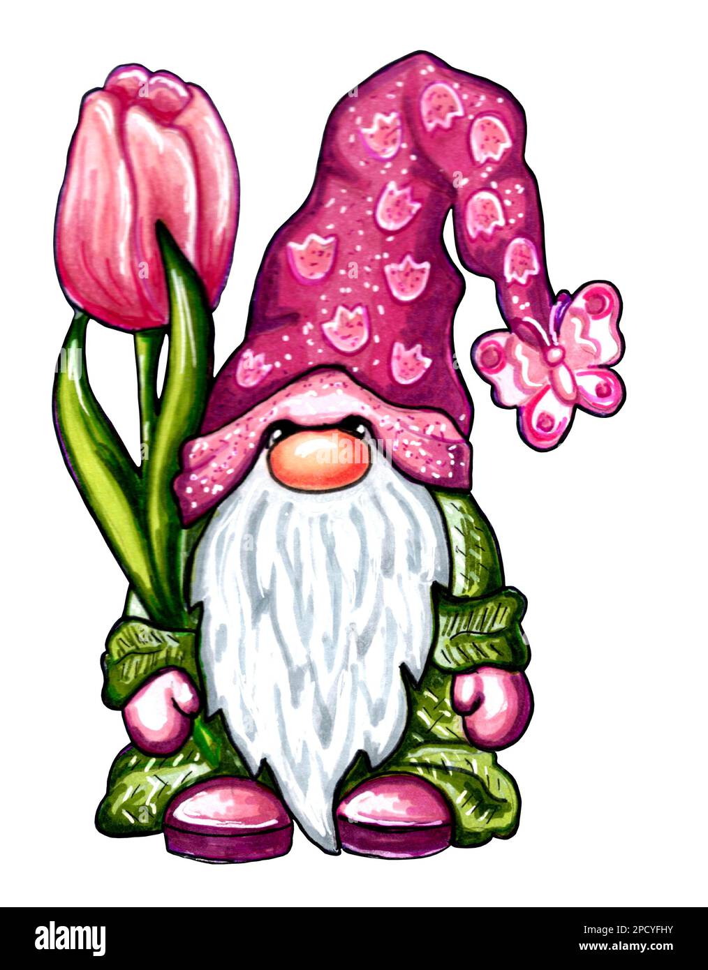 Gnome in a crimson cap and a green cloak holding a large pink tulip ...