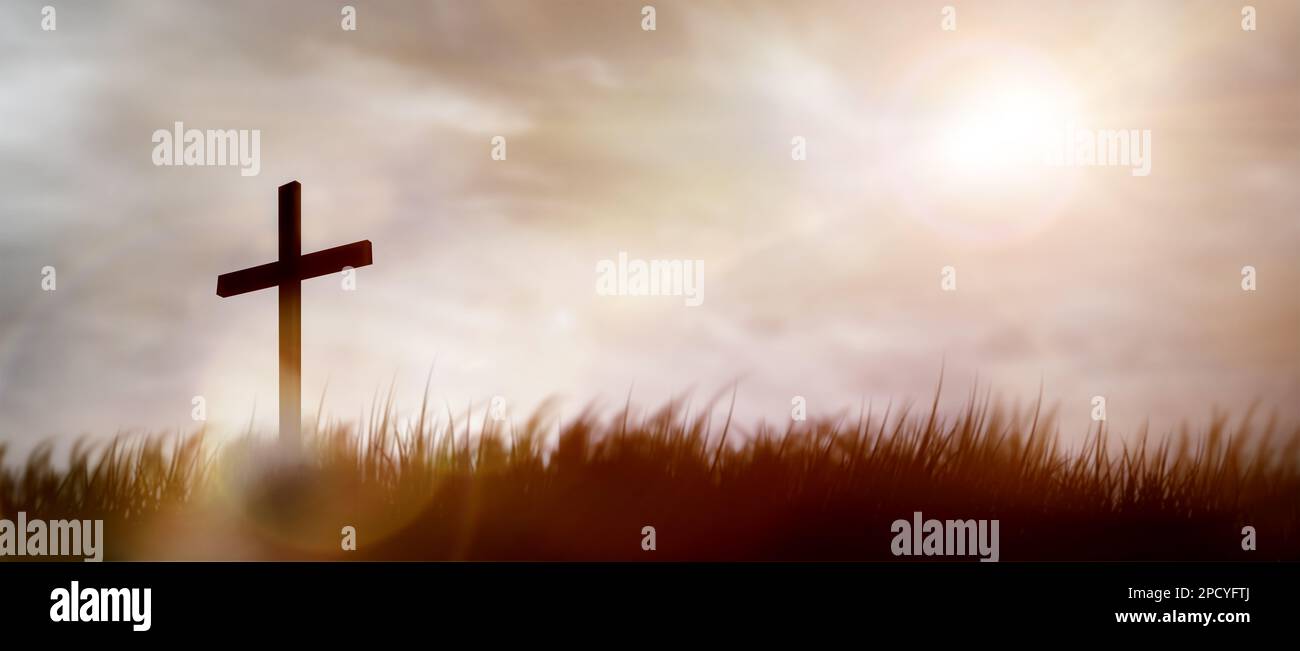 silhouette god cross, sunset background landscape, easter theme Stock ...