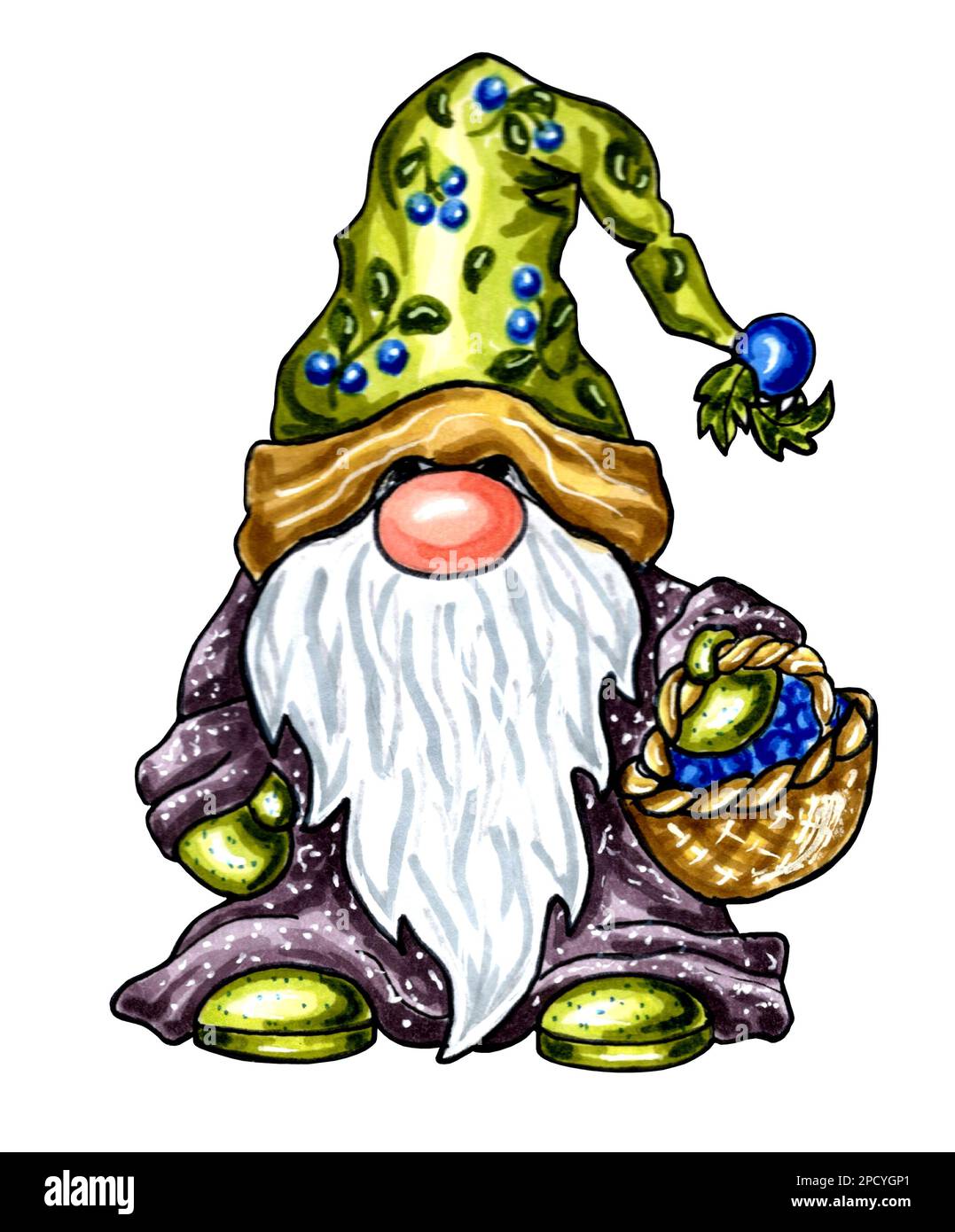 Gnome in green cap with blue berries and a basket of berries in his ...