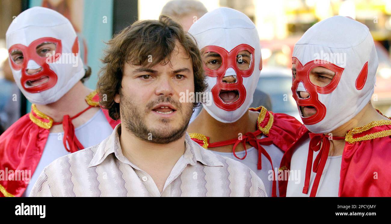 Jack Black, star of the new film "Nacho Libre," is trailed by actors in ...